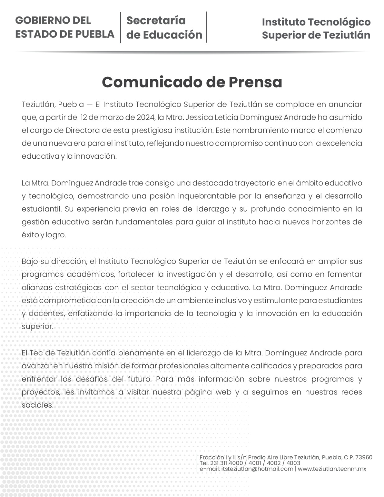Comunicado: Nombramiento de nueva directora en el Tec de Teziutlán